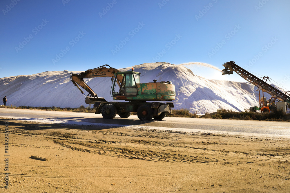 Harvester throwing salt in the Mountain of salt in the saltworks in ...