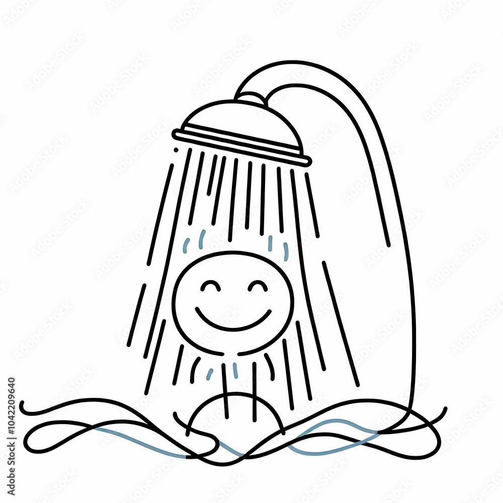 Smiling stick figure under shower, black and white line art, hand-drawn ...
