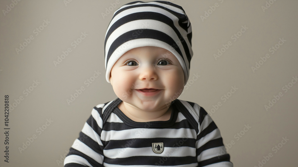 A baby smiling while dressed in a prison outfit, a comical little ...