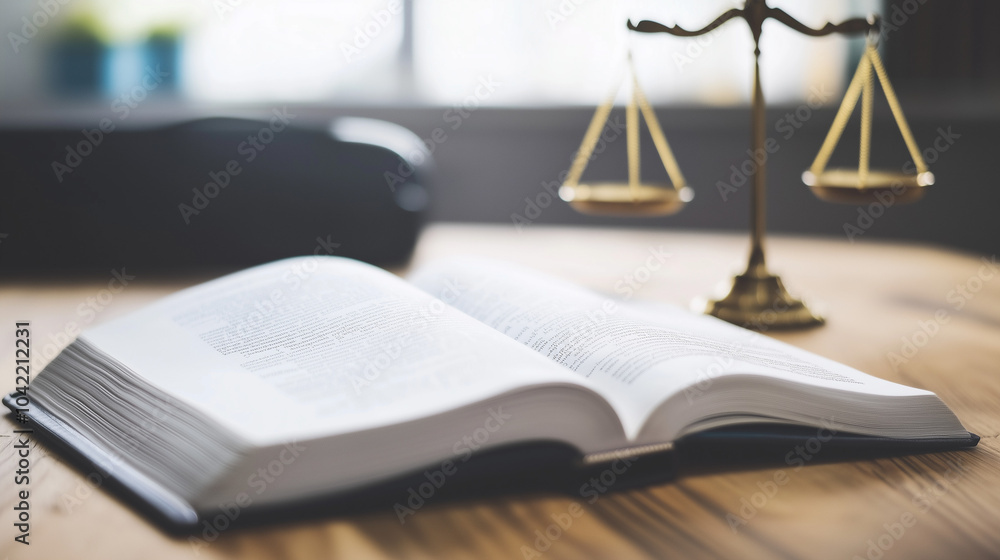 Professional law reference book with ornate brass scales on rustic ...