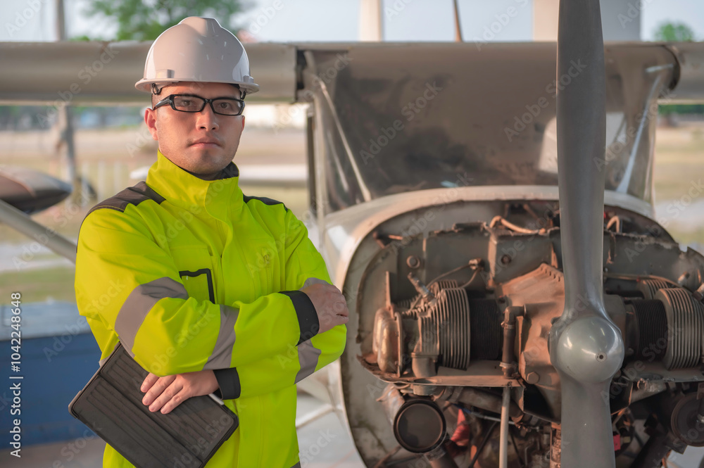 Technician fixing the engine of the airplane,Female aerospace ...