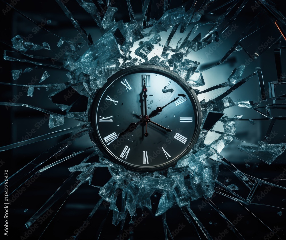 Broken clock with shattered glass, representing time running out or ...