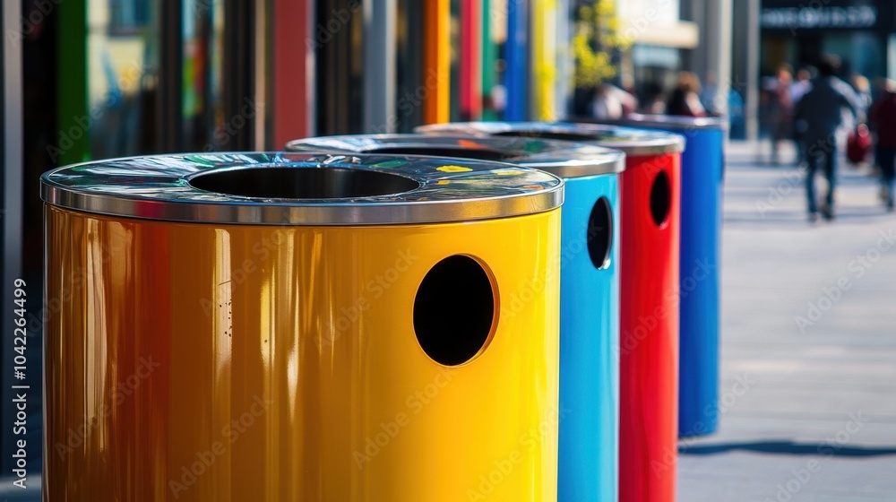 Aluminium waste collection bins in public space vibrant recycling ...