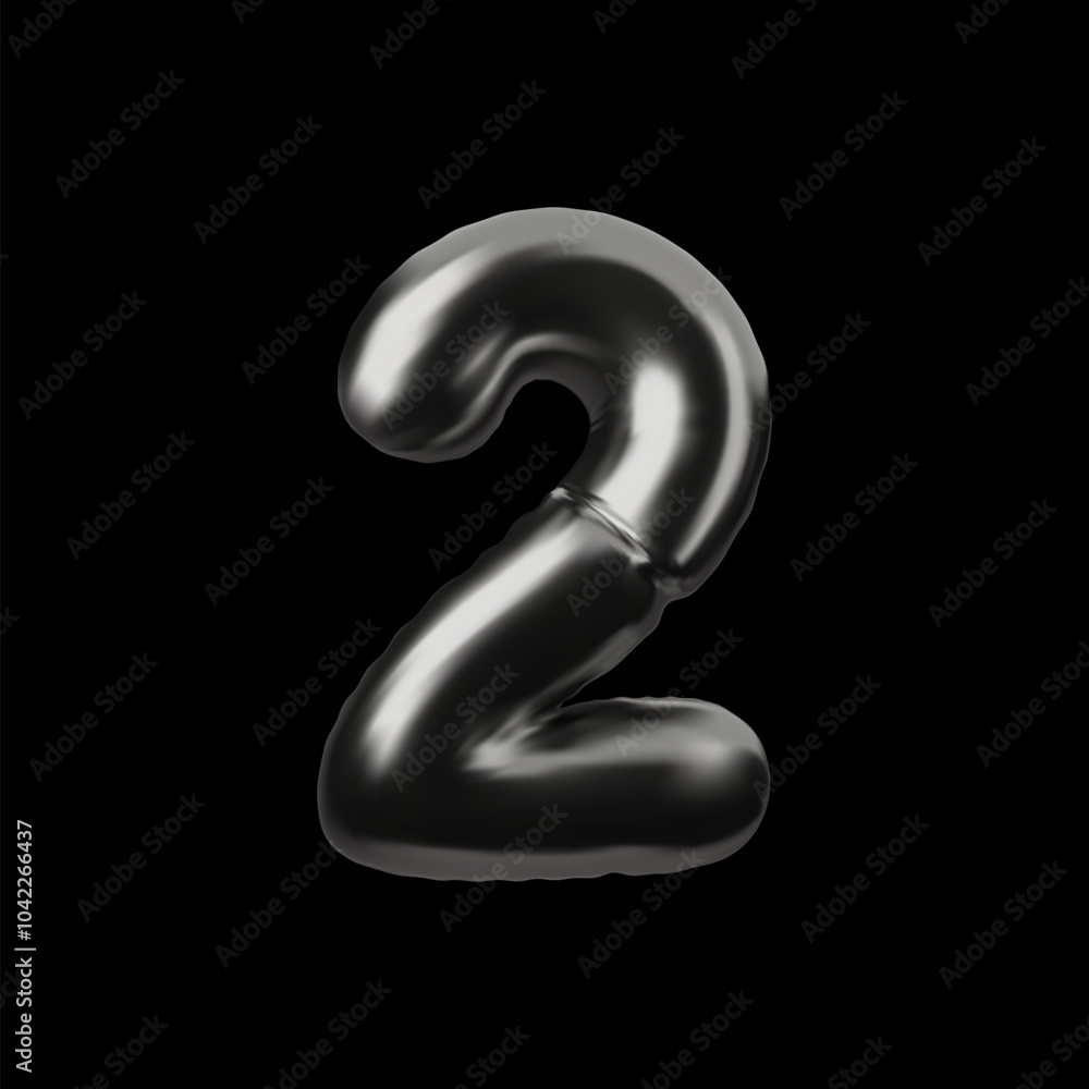 Realistic 3D volume chrome inflated balloon number two, vector gray ...