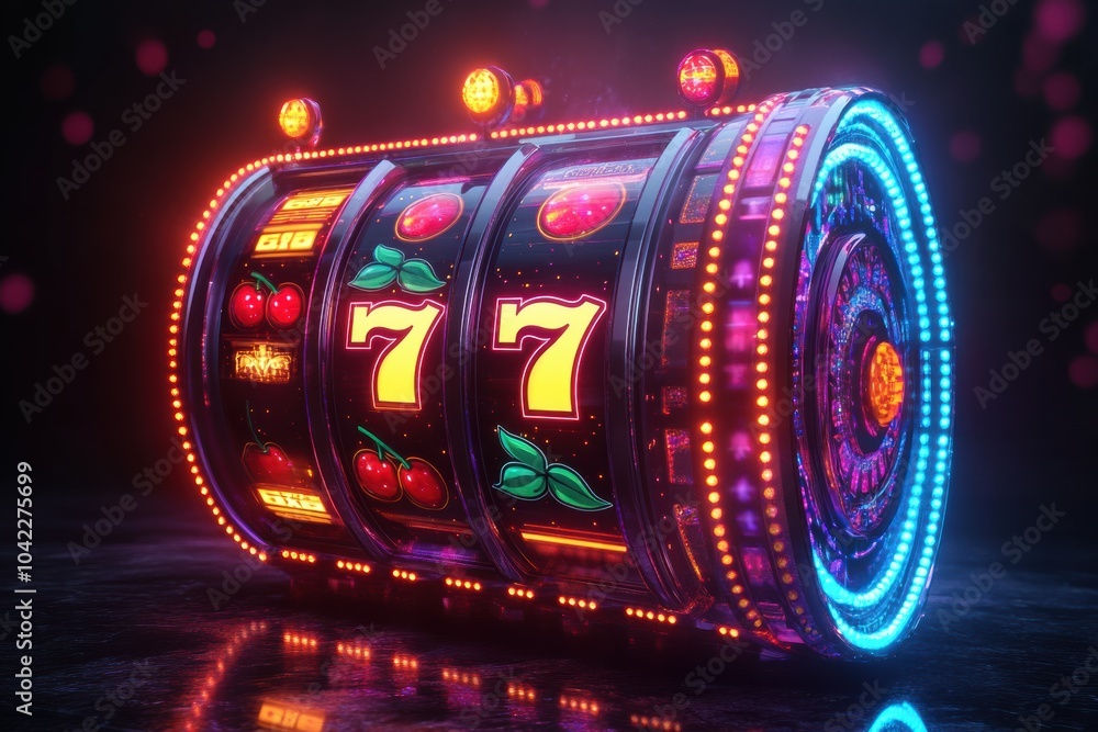 A vibrant slot machine showcases spinning reels adorned with classic ...