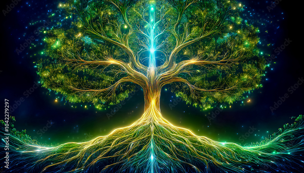 Abstract visualization of tree root system connections with green leafy crown, chaotic neural ...