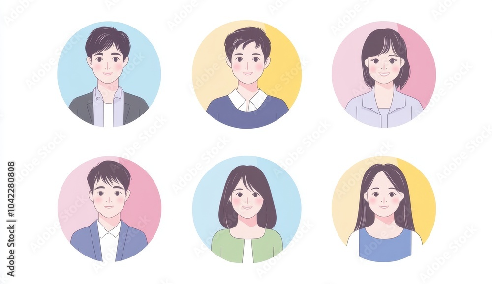 Set of simple portrait icons, Asian people on a white background with a ...