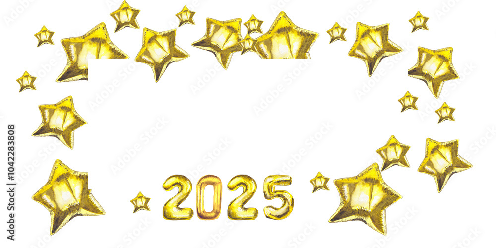 watercolor frame with star shaped balloons with number 2025 new year ...