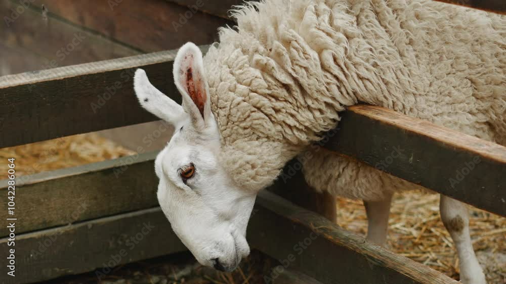 A sheep with long ears grazes on a farm. Farm with sheep. Sheep ...