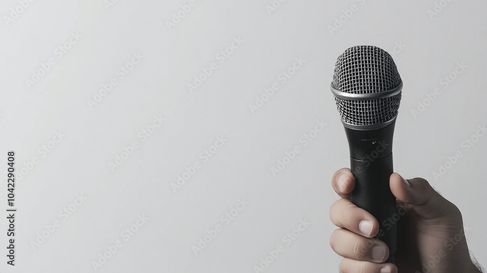 The microphone is a key focal point in this TV interview, held ...