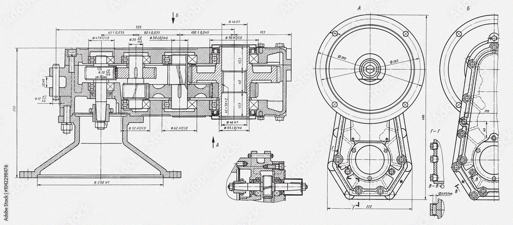 Engineering mechanical pencil drawing of steel devices (reducer ...