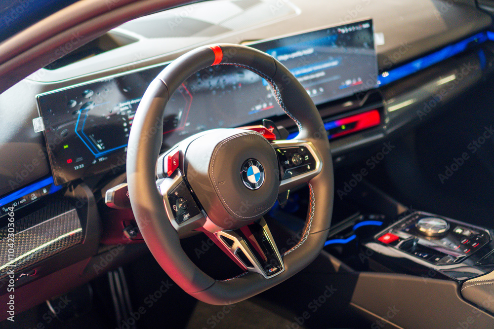 Interior and dashboard of the new BMW M5 labeled G90 for 2024. Detail ...