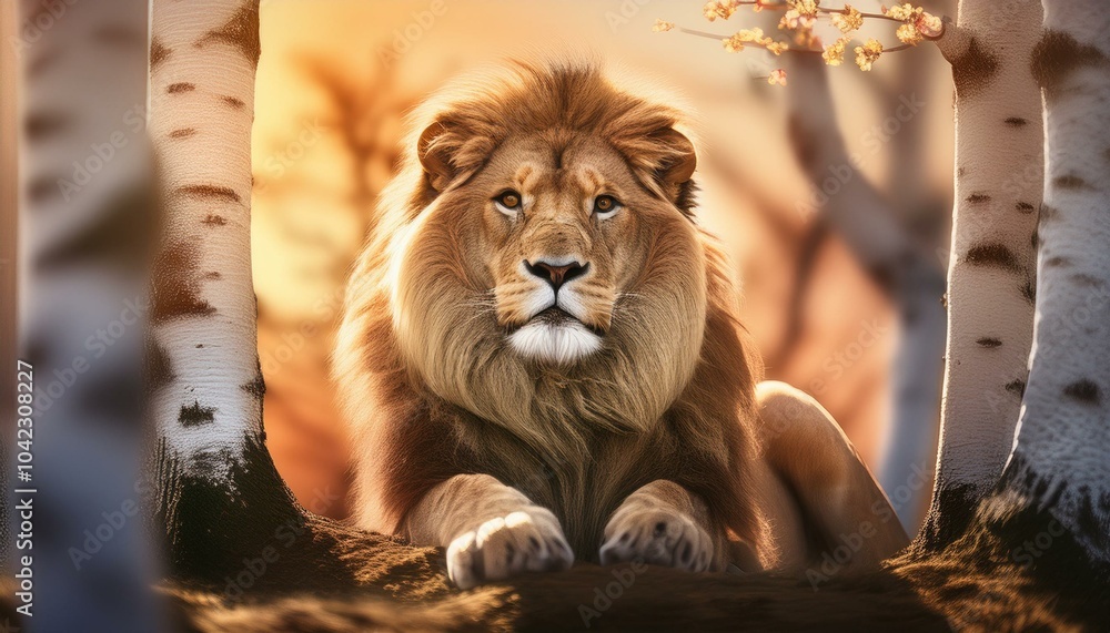 lion is in spring birch trees, white birch trees around the lion, leo ...
