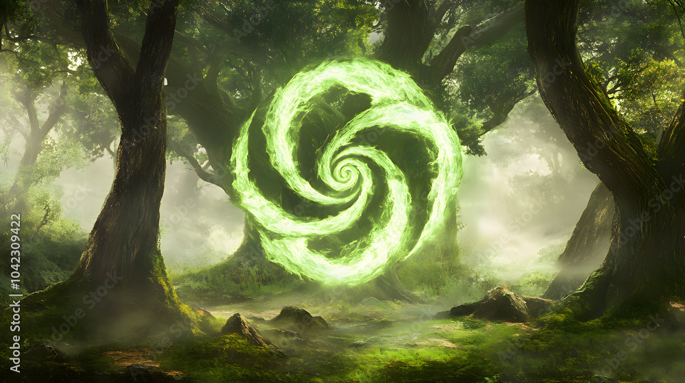 Glowing Triskelion made of soft green light in a mystical druidic ...