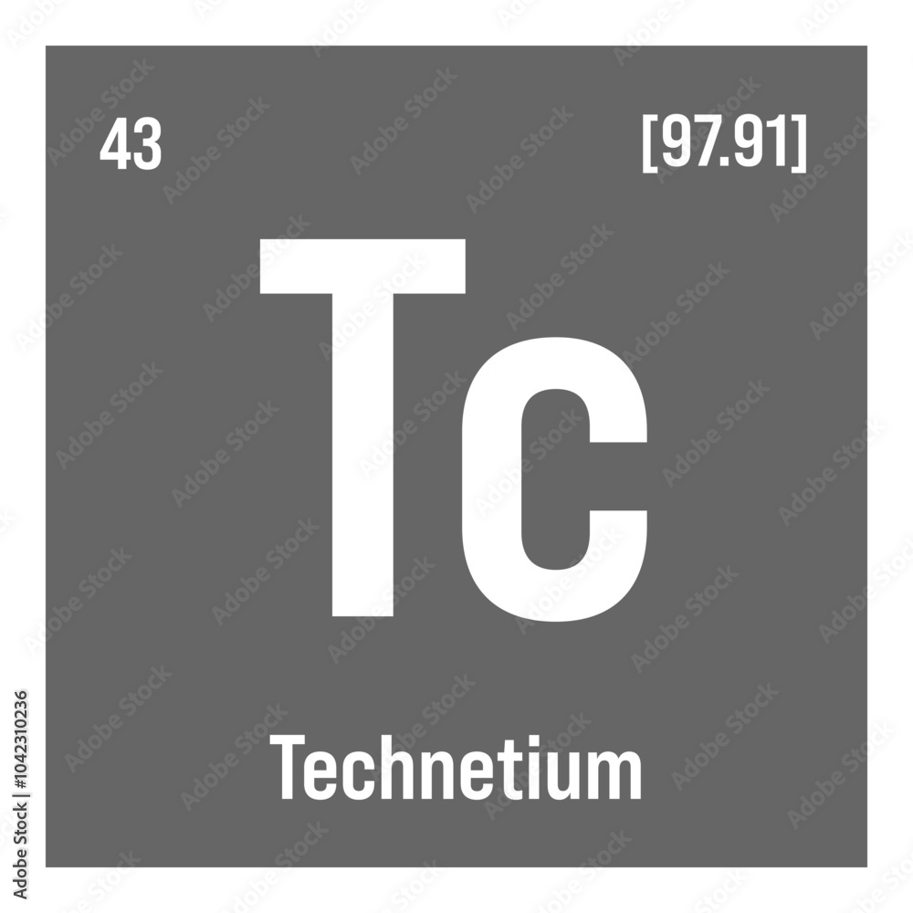 Technetium, Tc, periodic table element with name, symbol, atomic number ...