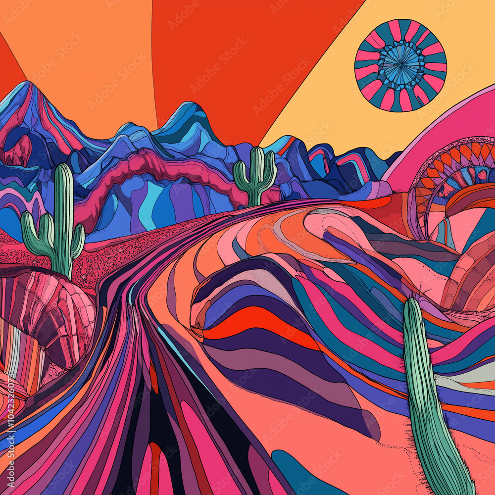 Psychedelic desert mountain scene with a path, cacti, plants, mountains ...