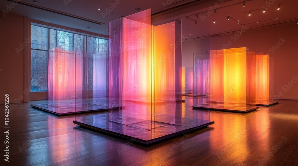 Translucent sculptures in vibrant hues fill the modern gallery, their ...