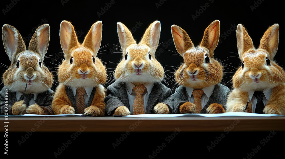 Five rabbits dressed in business suits are sitting at a table ...
