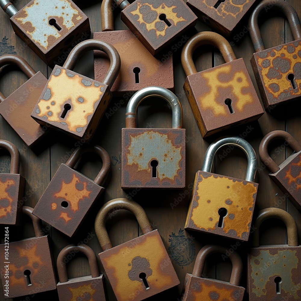 A top down view of vintage, rusty padlocks, showcasing their unique ...