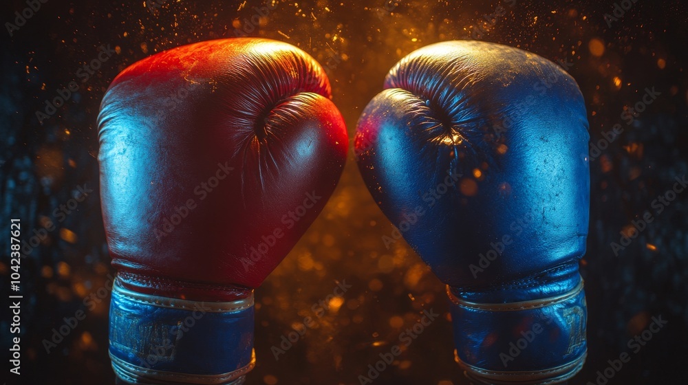 Red vs blue boxing gloves, top view, suspended in a moment of stillness ...