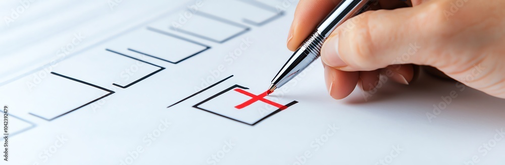 Close-up of a hand using a pen to mark a checkbox with a red cross on a ...