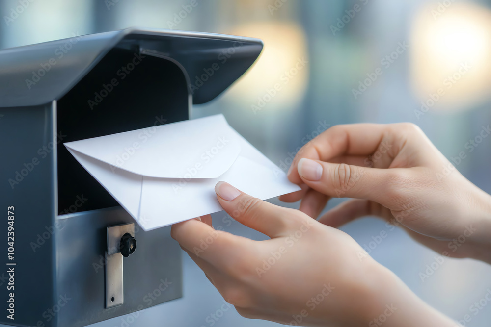 Hands placing an envelope into a mailbox, symbolizing communication and ...