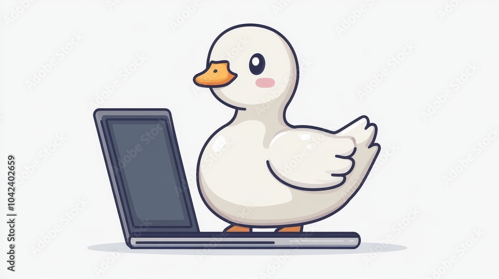 Cute cartoon duck with a yellow beak and blushing cheeks is standing on ...