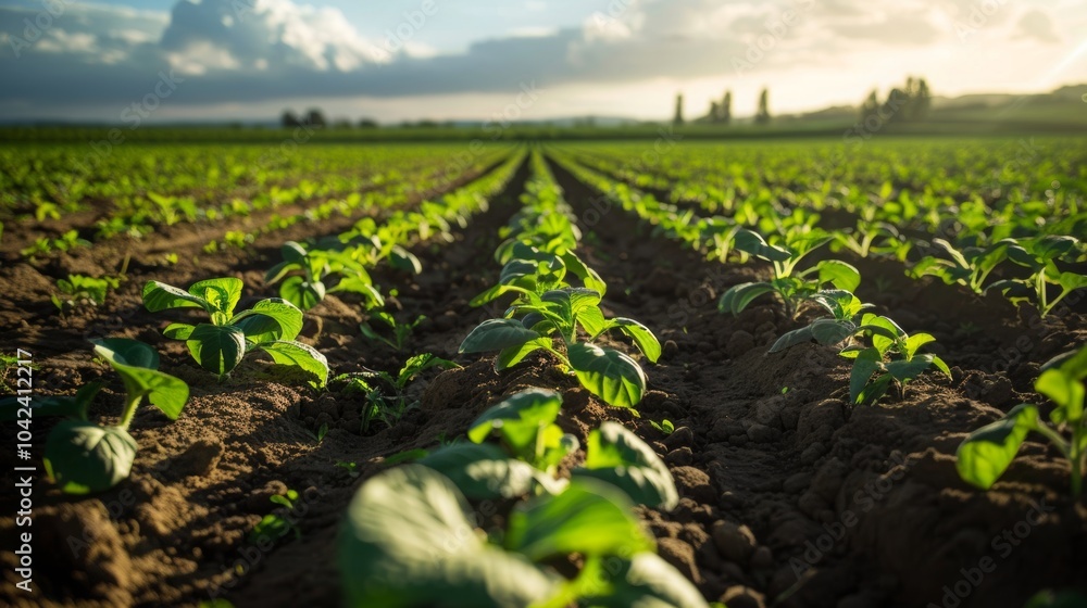 Rows of young green plants sprout in rich, dark soil. Sunlight shines ...