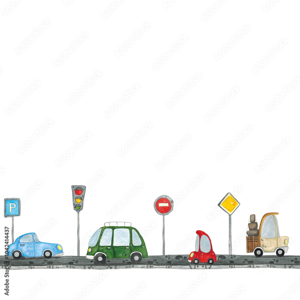 Watercolor composition, a border consisting of a road, road signs and ...