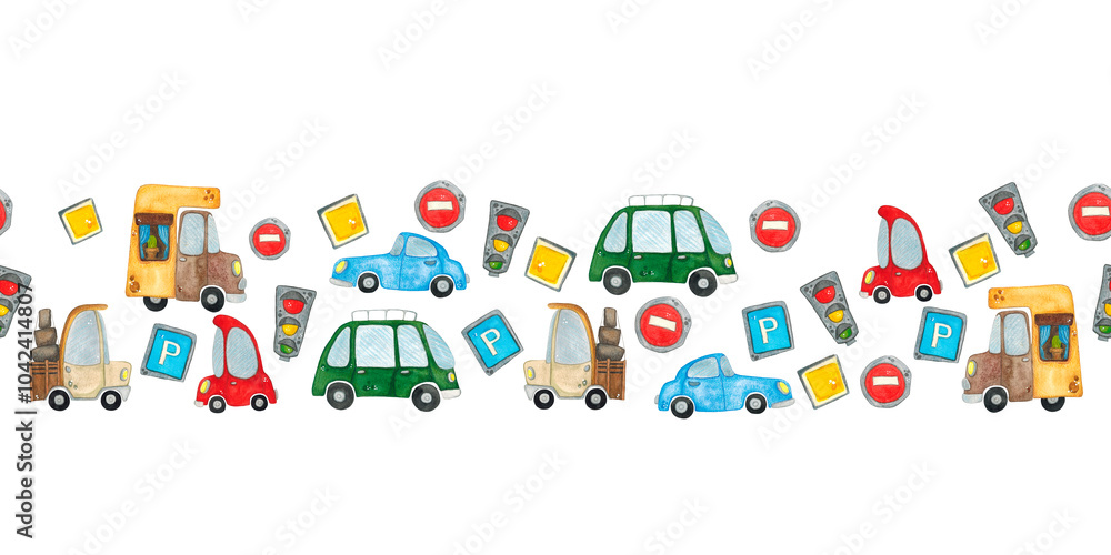 Watercolor seamless border of cars and road signs. Hand drawn ...