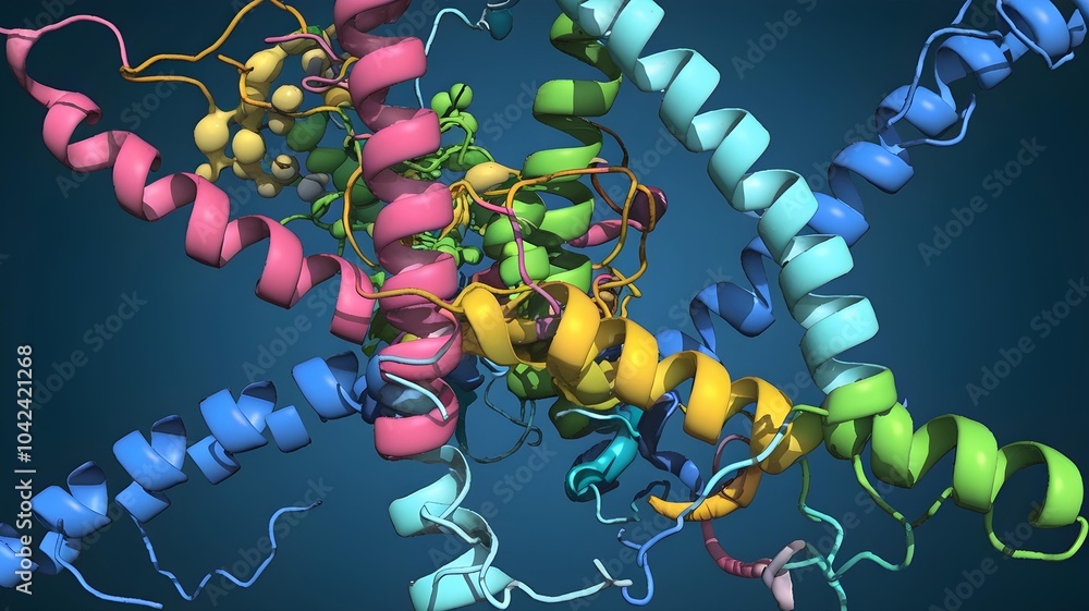a scientific 3D visualization of a protein or molecular structure. The ...