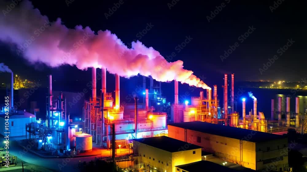 A colorful lit chemicals factory at night, with colourful neon lights ...