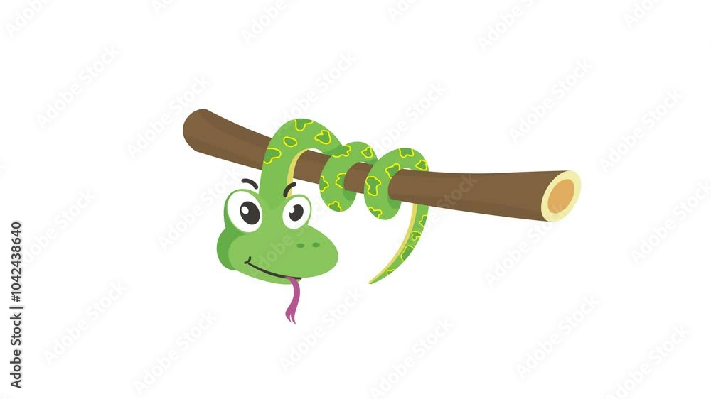 cute green snake cartoon illustration wrapped around the tree trunk ...