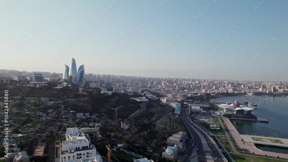 Stunning aerial panorama of Baku skyline, the Flame Towers, Baku Eye ...