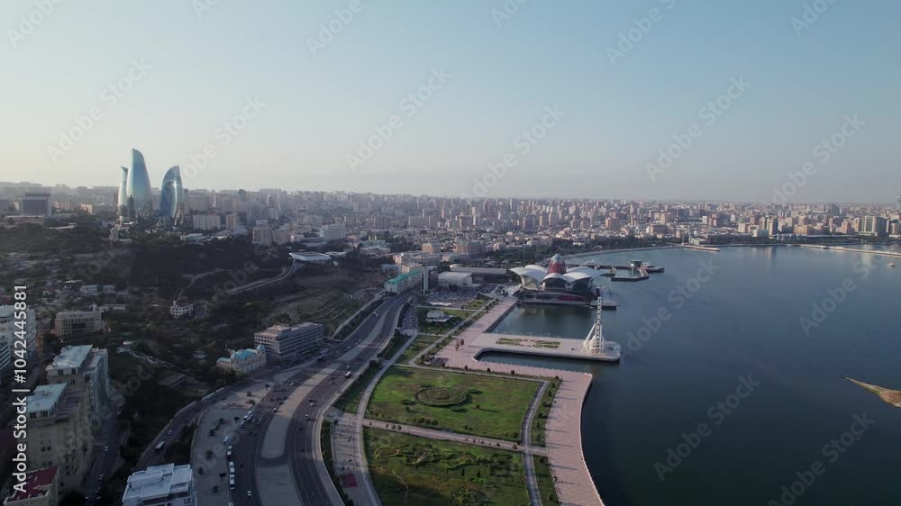 Stunning aerial panorama of Baku skyline, the Flame Towers, Baku Eye ...