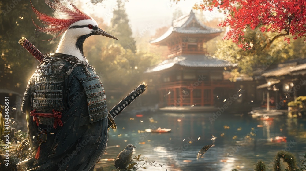 A fierce-looking bird dressed in a samurai outfit, wielding a katana ...