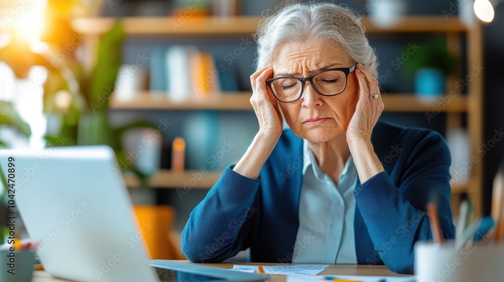 An elderly woman sitting in a living room appears stressed, with hands ...