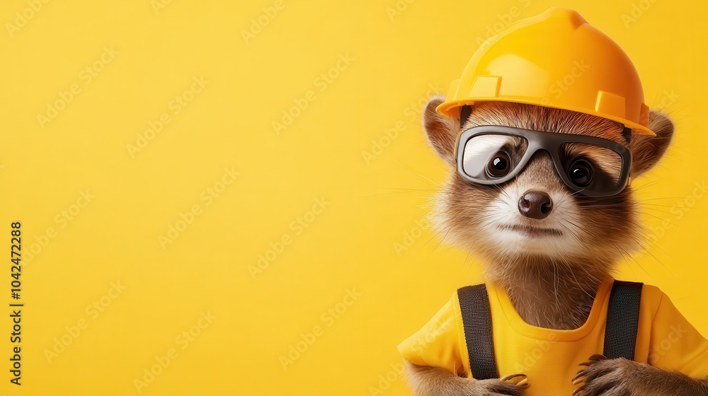 A digitally rendered adorable raccoon wearing a construction worker ...