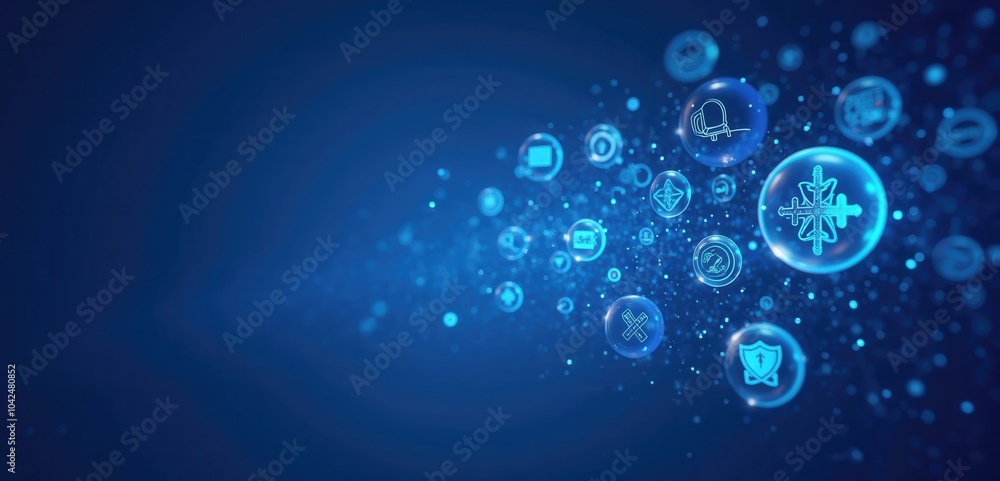 Dynamic digital icons in bubbles, representing innovation and ...