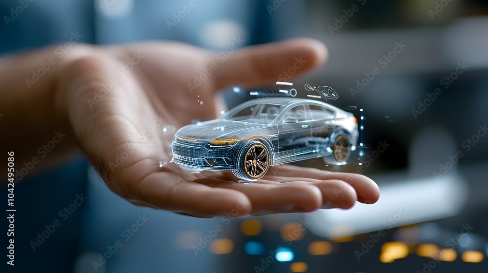 Transparent 3D holographic projection of a car dashboard part displayed ...