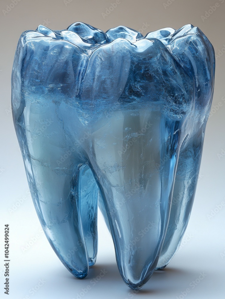 Escultura de una muela transparente de cristal azul, concepto de ...