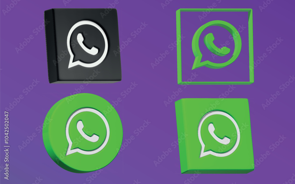 WhatsApp 3D logo in various shapes, popular social media icon buttons ...