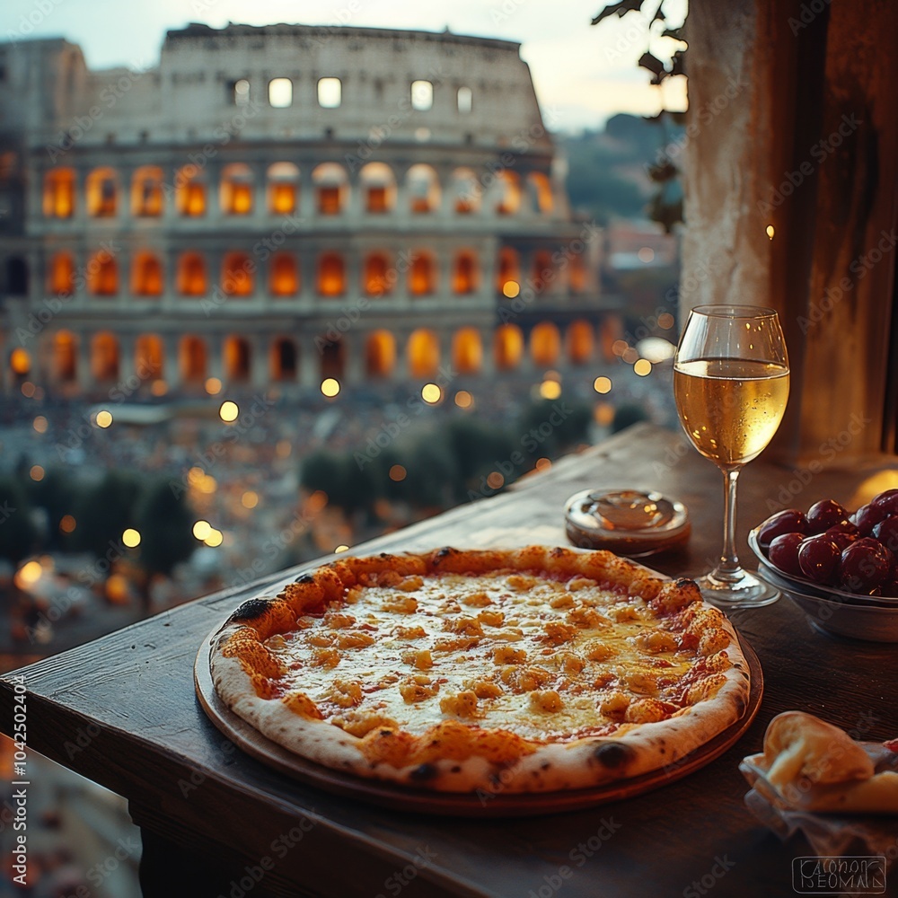 Pizza margarita con el Coliseo de Roma al fondo, como símbolo de la ...