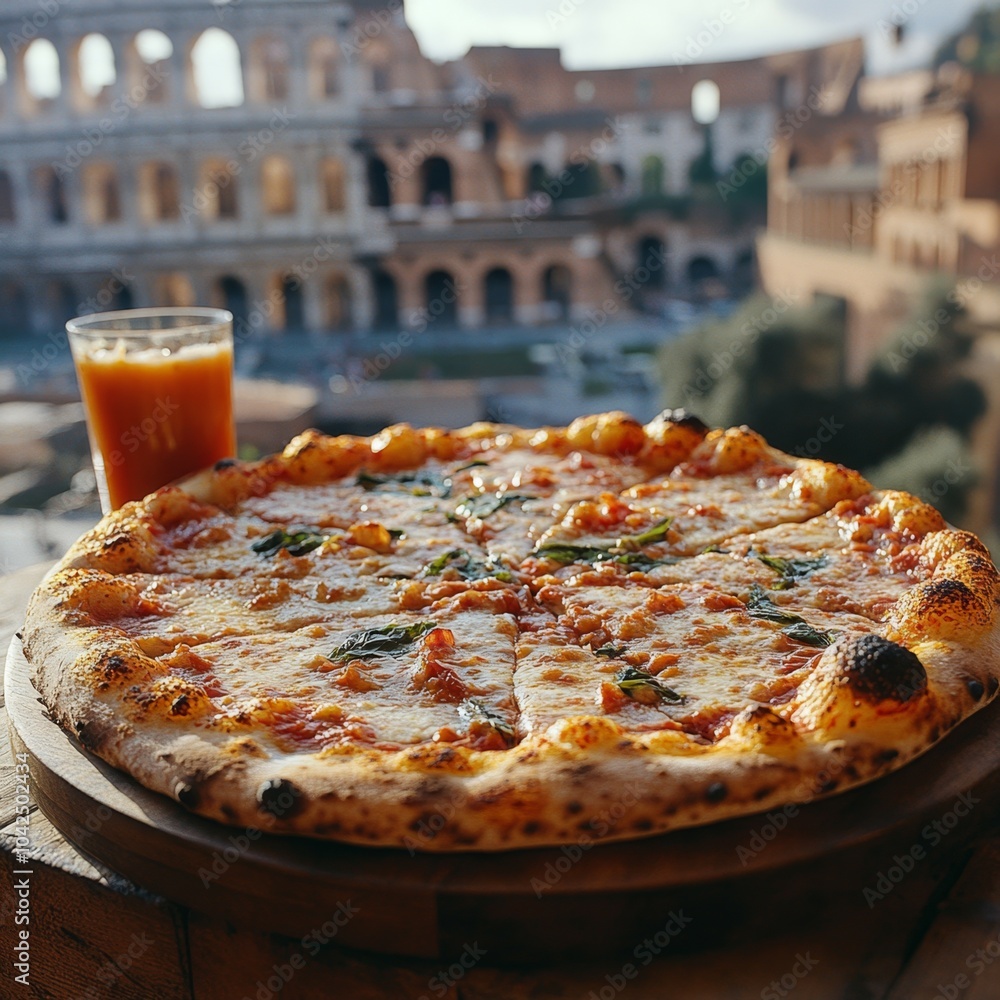 Pizza margarita con el Coliseo de Roma al fondo, como símbolo de la ...