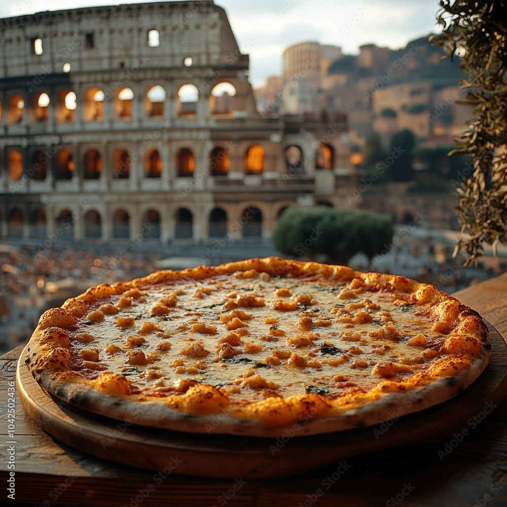 Pizza margarita con el Coliseo de Roma al fondo, como símbolo de la ...