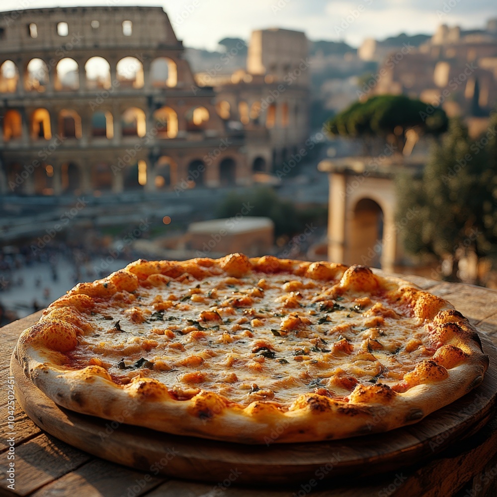 Pizza margarita con el Coliseo de Roma al fondo, como símbolo de la ...