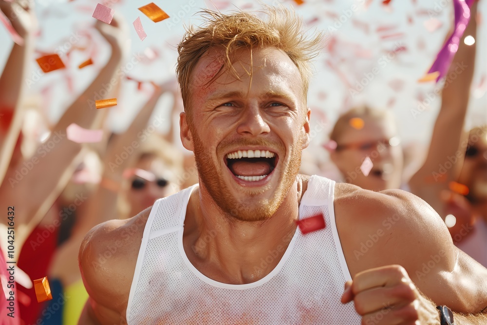 A Runner Crossing the Finish Line in a Marathon, With a Crowd Cheering ...