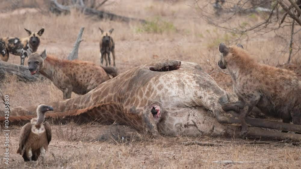 African Spotted Hyena's are trying to protect this Giraffe carcass from ...