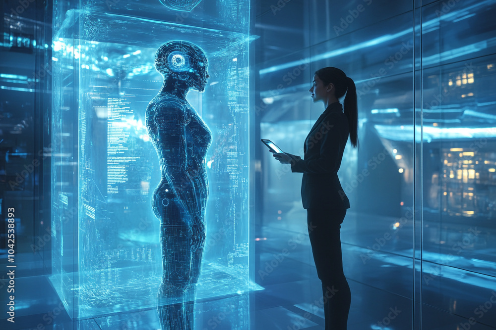 Woman Staring at AI Robot in a Futuristic Setting Depicting Human vs ...