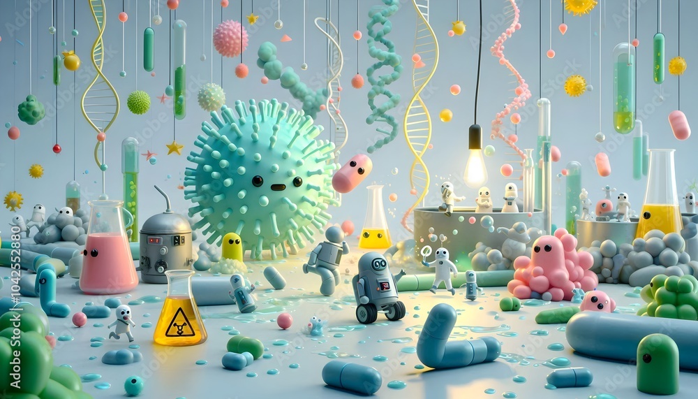 A 3d rendered lab scene cartoon where characters have shrunk and are ...